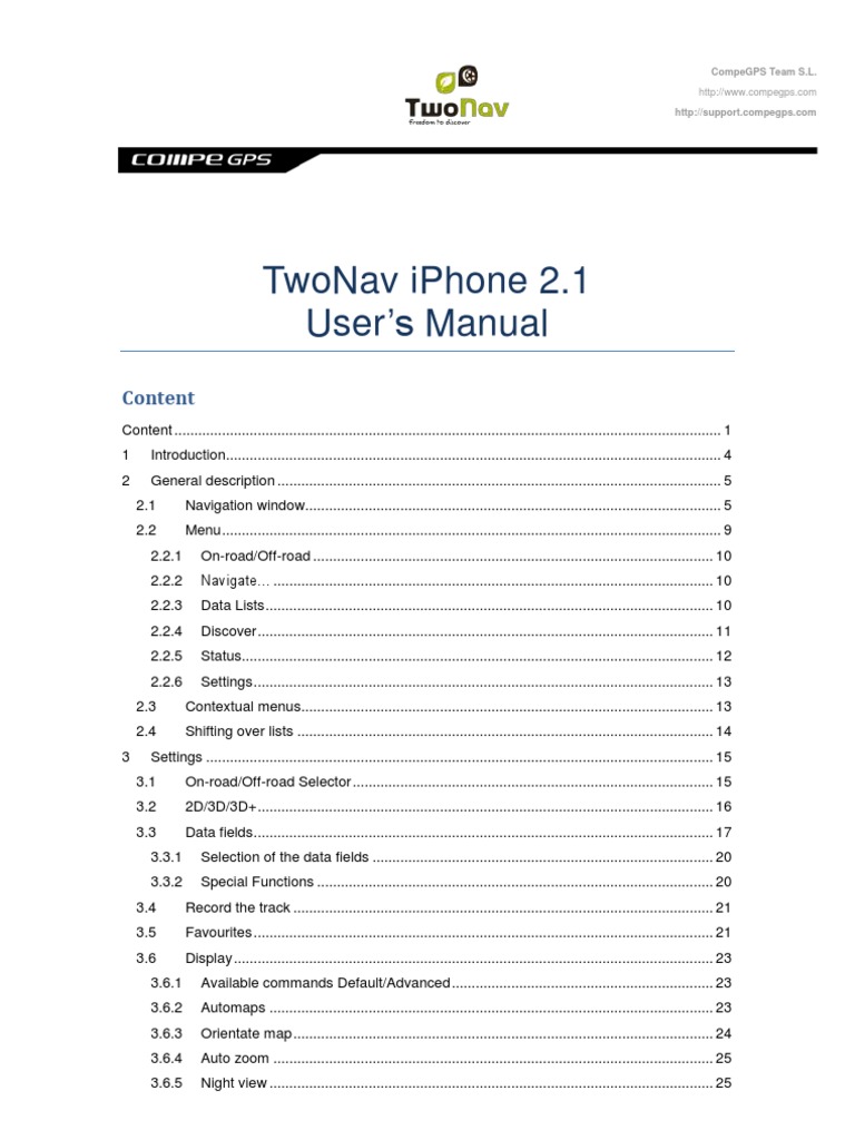 Twonav Iphone 2.1 User S Manual: Content | PDF | Menu (Computing ...