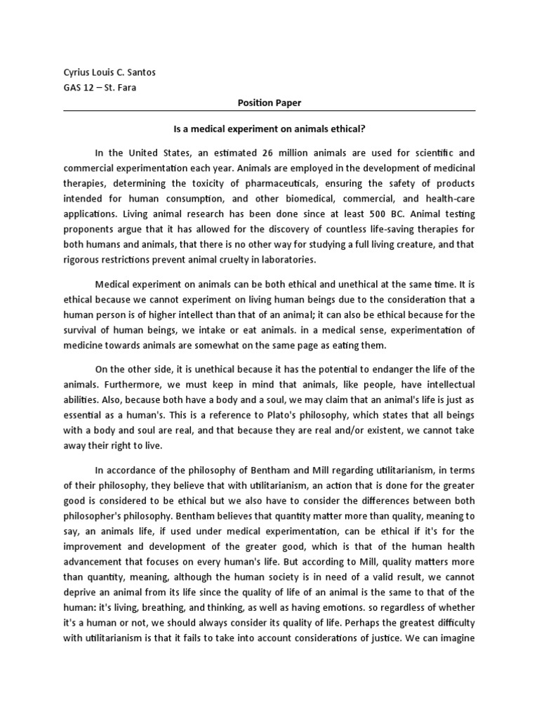 Position Paper Is A Medical Experiment On Animals Ethical? | PDF ...