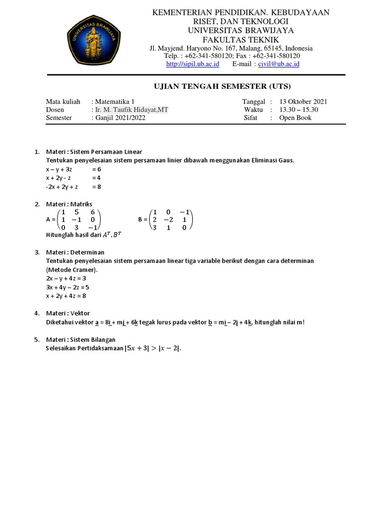 Soal UTS MTK 1E | PDF