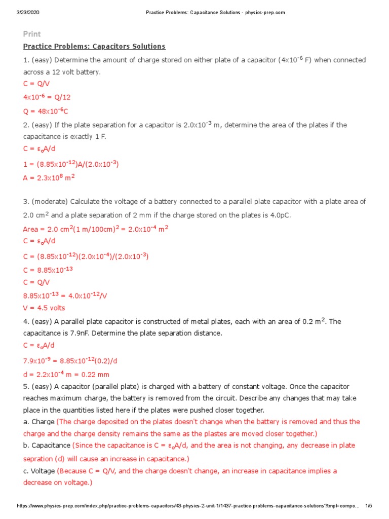Print: Practice Problems: Capacitors Solutions | PDF | Capacitor | Series And Parallel Circuits