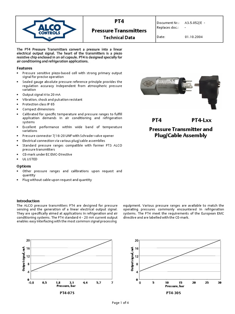 PT4 Pressure Transmitters: Technical Data | PDF | Electrical Connector ...