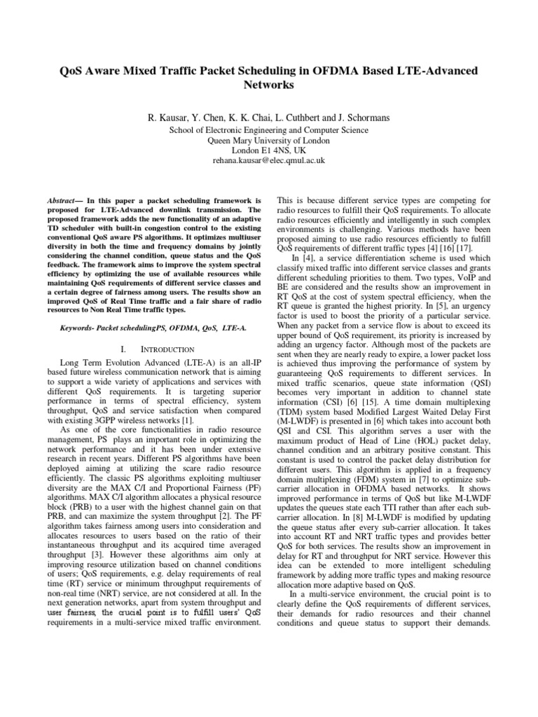 Qos Aware Mixed Traffic Packet Scheduling In Ofdma Based Lte Advanced Networks Pdf