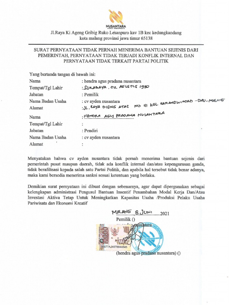 Surat Pernyataan Tidak Pernah Menerima Bantuan Sejenis Dari Pem | PDF