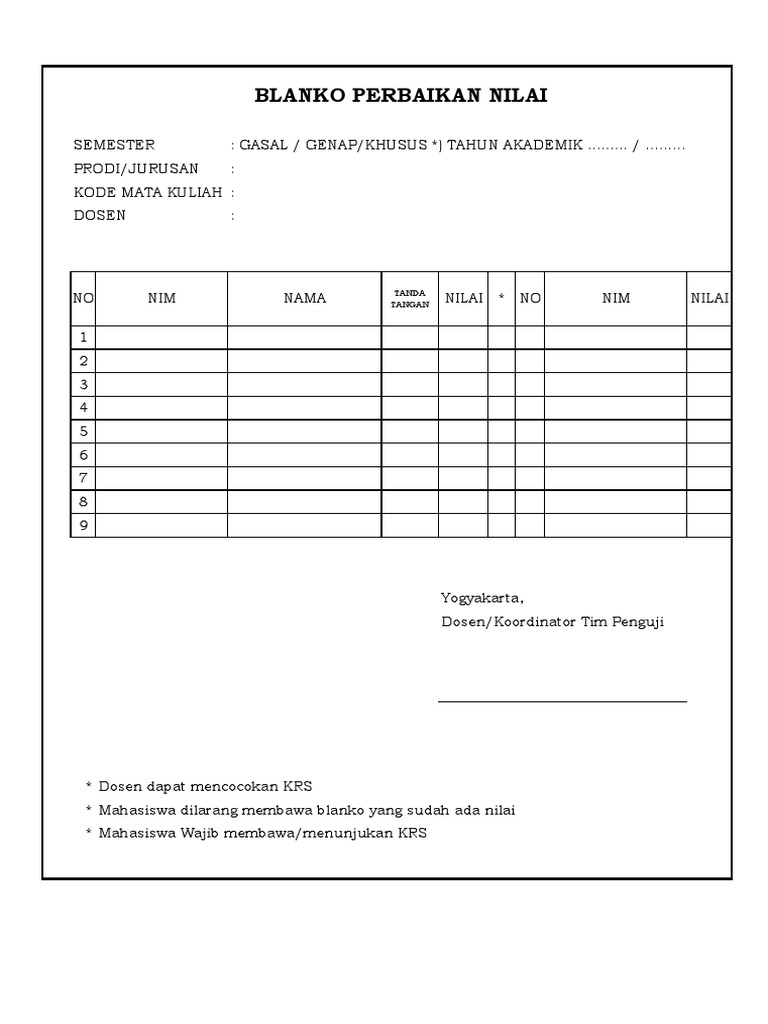 Formulir Perbaikan Nilai Tahun 2020 | PDF