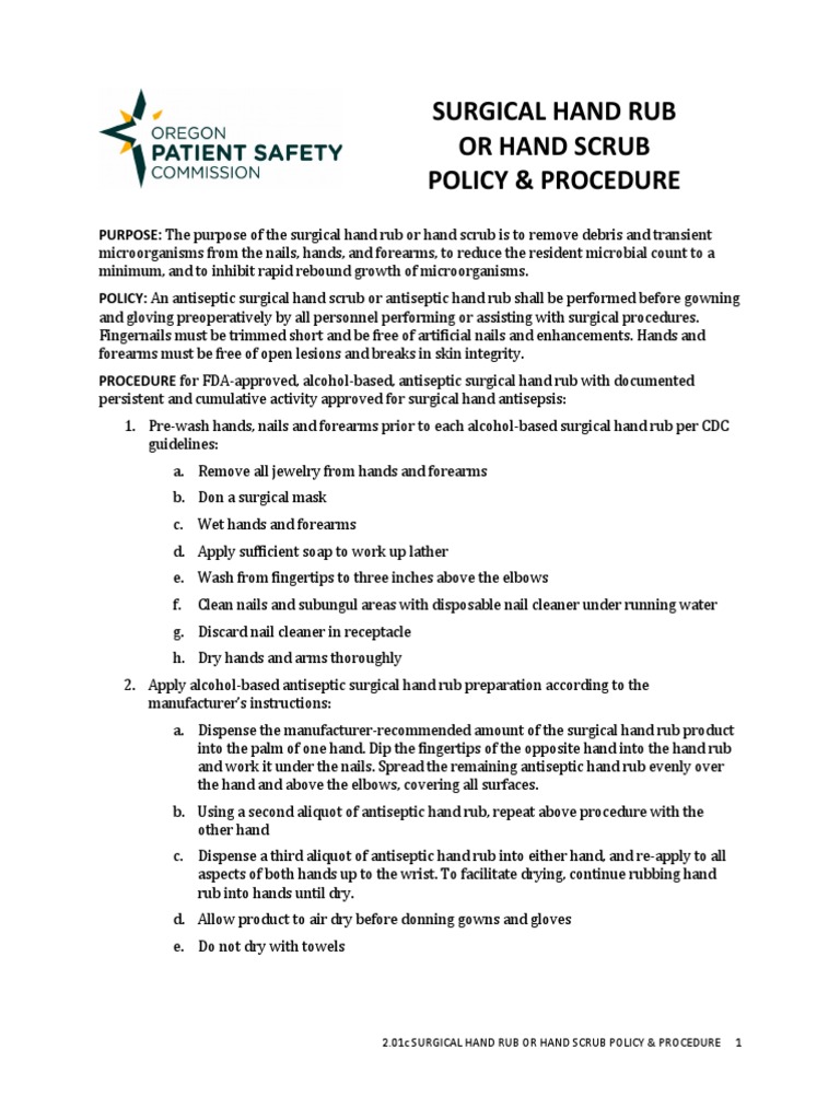 2.01C Surgical Hand Rub or Hand Scrub Policy & Procedure 1 | PDF | Hand ...