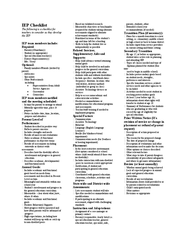 IEP Preparation Checklist for Teachers | PDF | Individualized Education ...