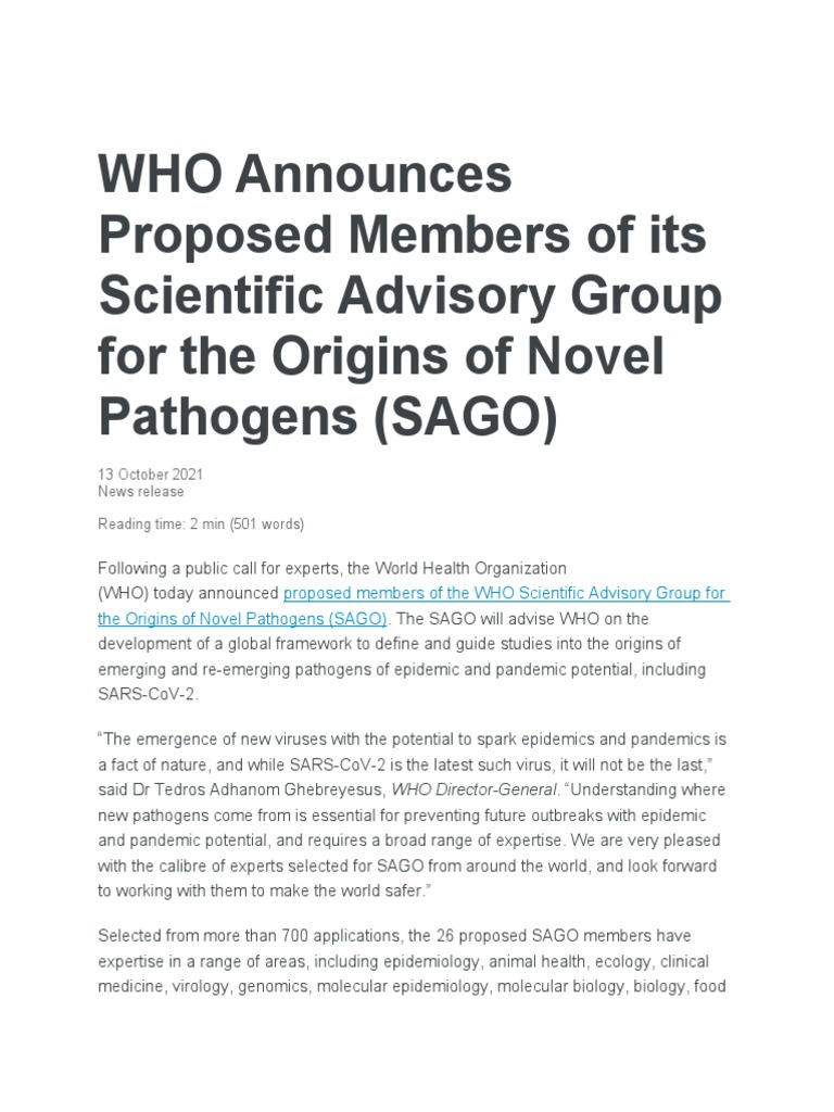 WHO Announces Proposed Members of Its Scientific Advisory Group For The ...