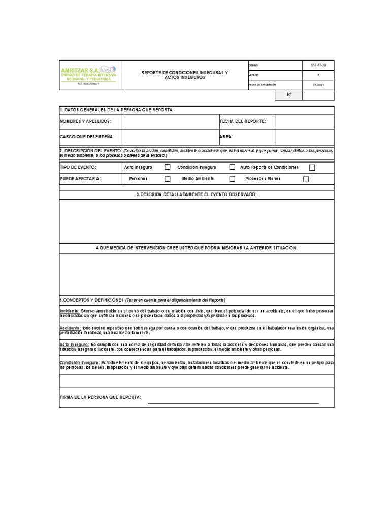 SST-FT-29 - Formato Reporte de Actos y Condiciones Inseguras | PDF