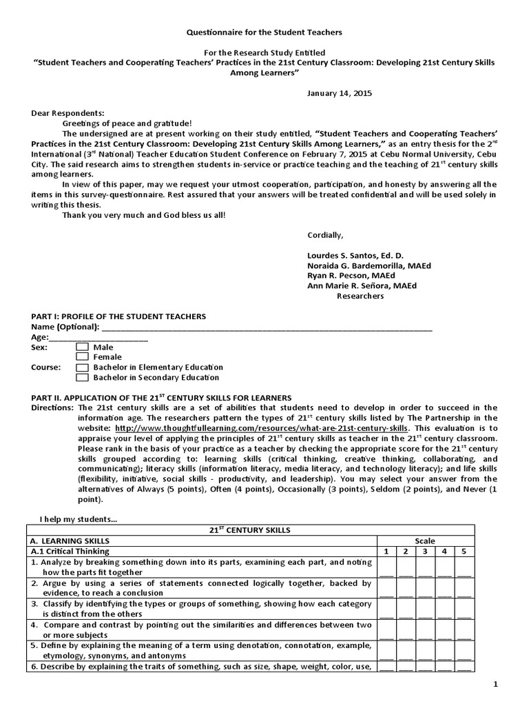 21st Century Questionnaire | PDF | Communication | Teachers
