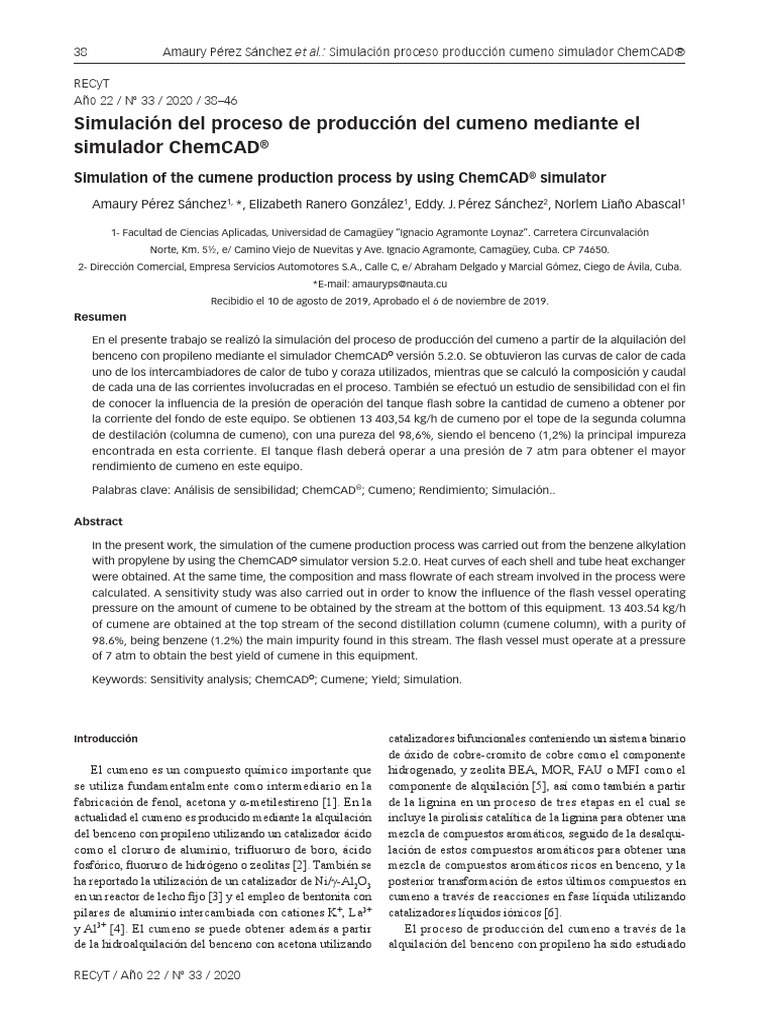 Simulación Del Proceso de Producción Del Cumeno Mediante El Simulador ...