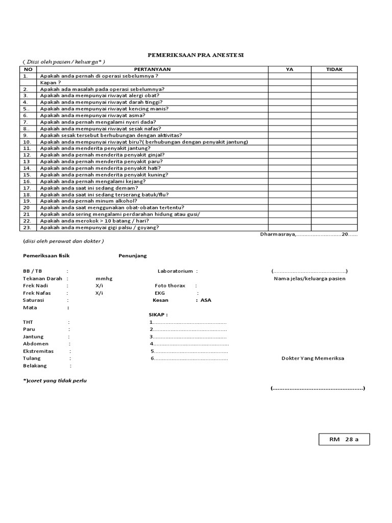 Pre-Anesthesia Medical Evaluation Form | PDF