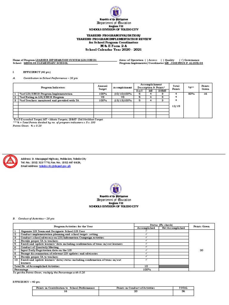 LIS EBEIS M E Form 2 A Yearend Program Eval For Schools MINOLOS ES | PDF