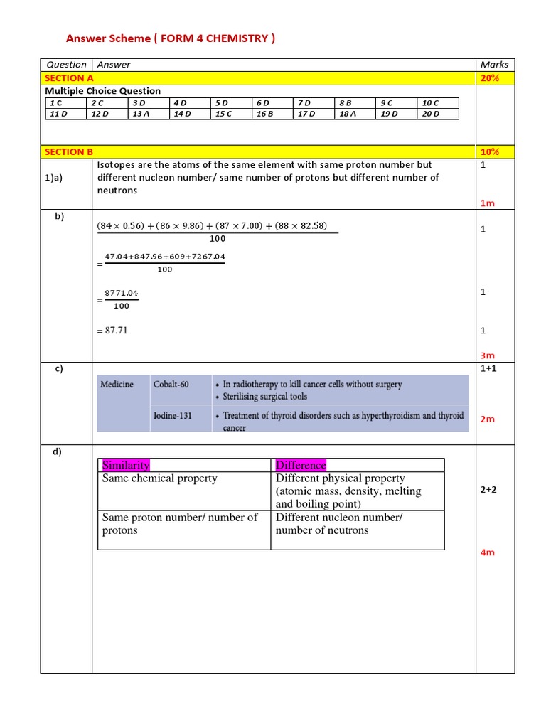 Answer Scheme (FORM 4 CHEMISTRY) : Multiple Choice Question | PDF ...