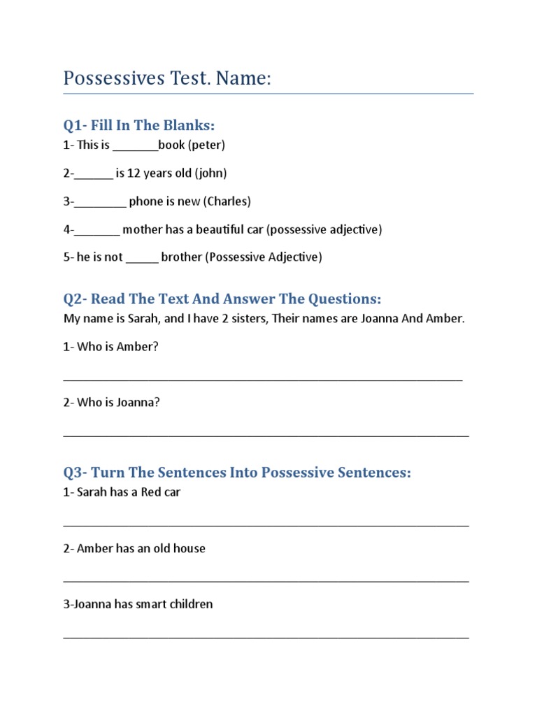 Possessives Test | PDF | Language Arts & Discipline