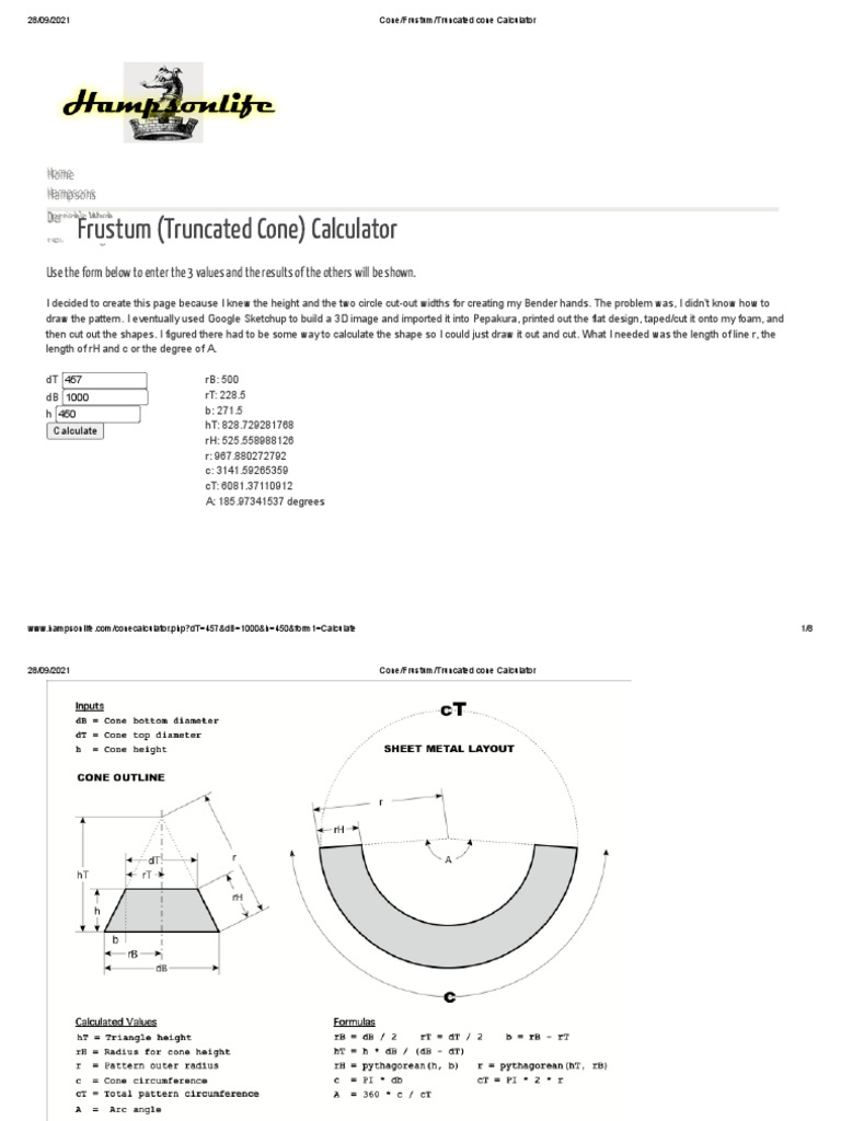 Cone - Frustum - Truncated Cone Calculator | PDF | Circle | Geometric ...