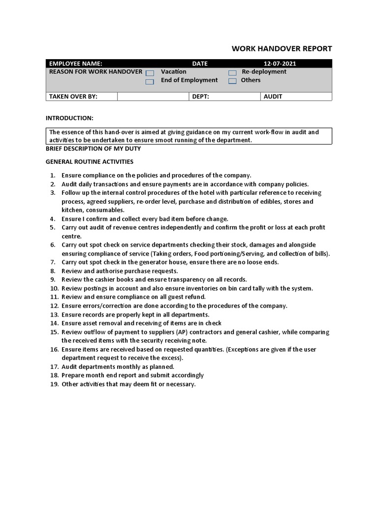 Work Handover Report | PDF | Audit | Voucher