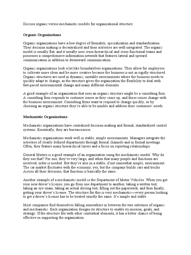 Organic Versus Mechanistic and 6 ORG Stucture | PDF | Organizational ...