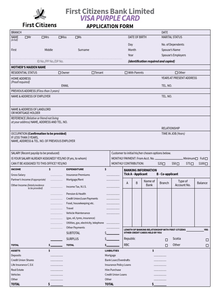 Visa Purple Card Application Form | PDF | Finance & Money Management ...
