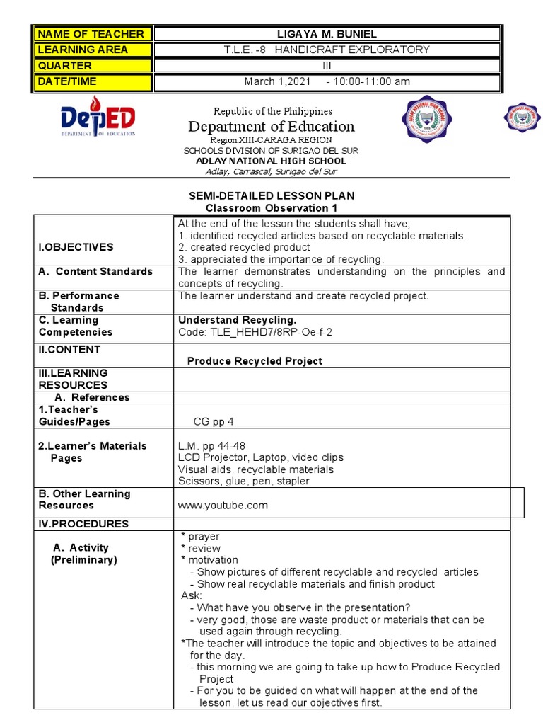 Lesson Plan in Handicraft Exploratory Recycling | PDF | Recycling ...