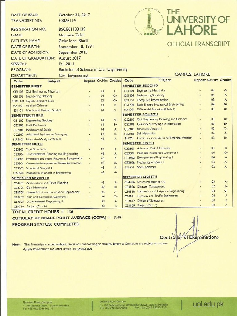Bachelor of Science - Transcript | PDF