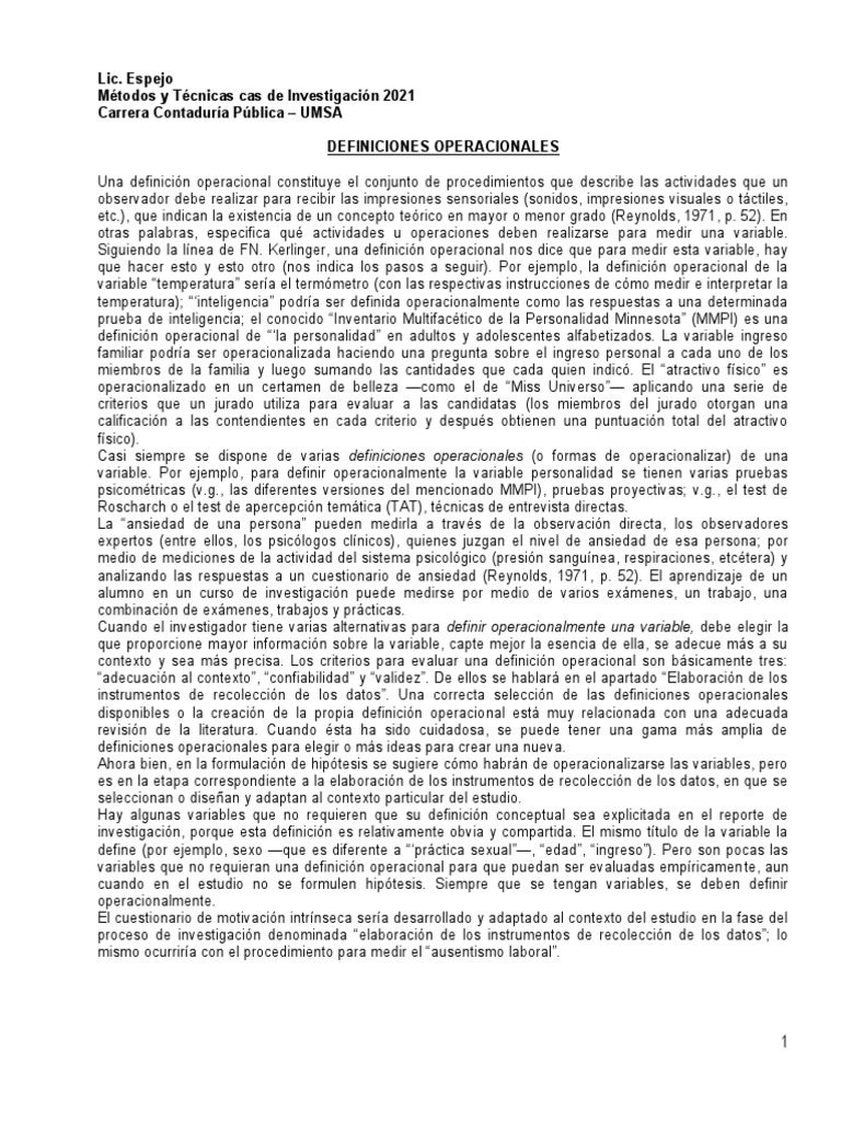 Definiciones Operacionales en Investigación | PDF | Science | Conceptos ...