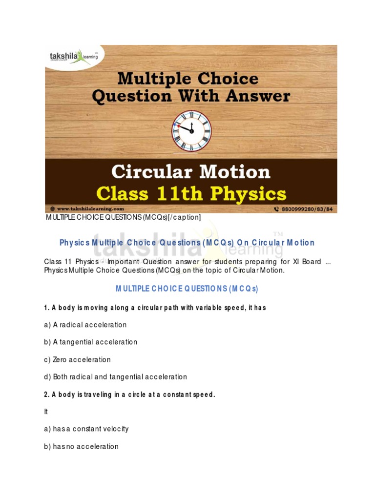 Class 11 Physics Multiple Choice Questions - MCQs - With Answer On Circular Motion Topic | PDF ...