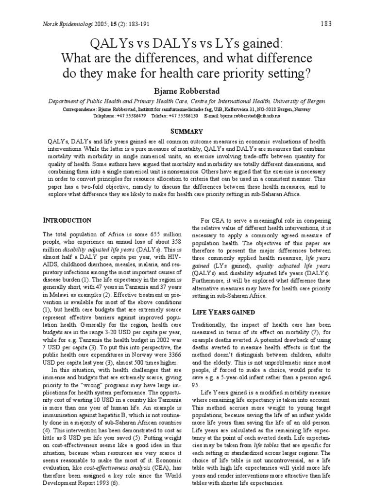 DALYs Vs QALYs | PDF