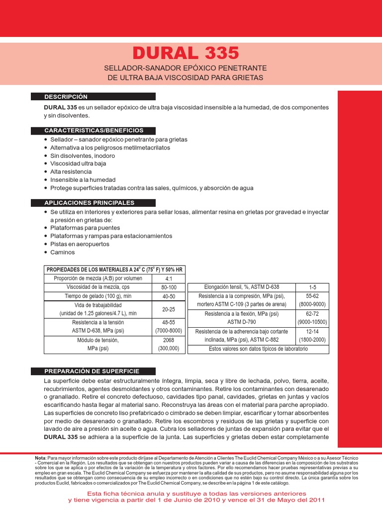 Hoja de datos Dural 335 Epóxico | PDF | Hormigón | Agua