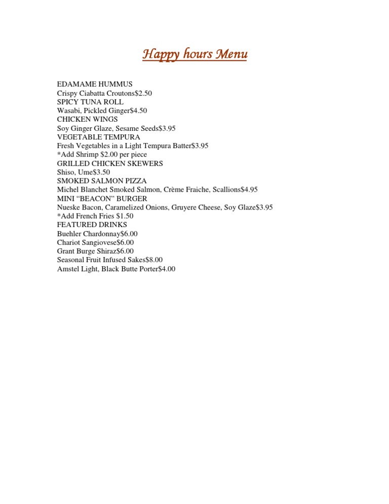 Happy Hours Menu | PDF | Cooking, Food & Wine