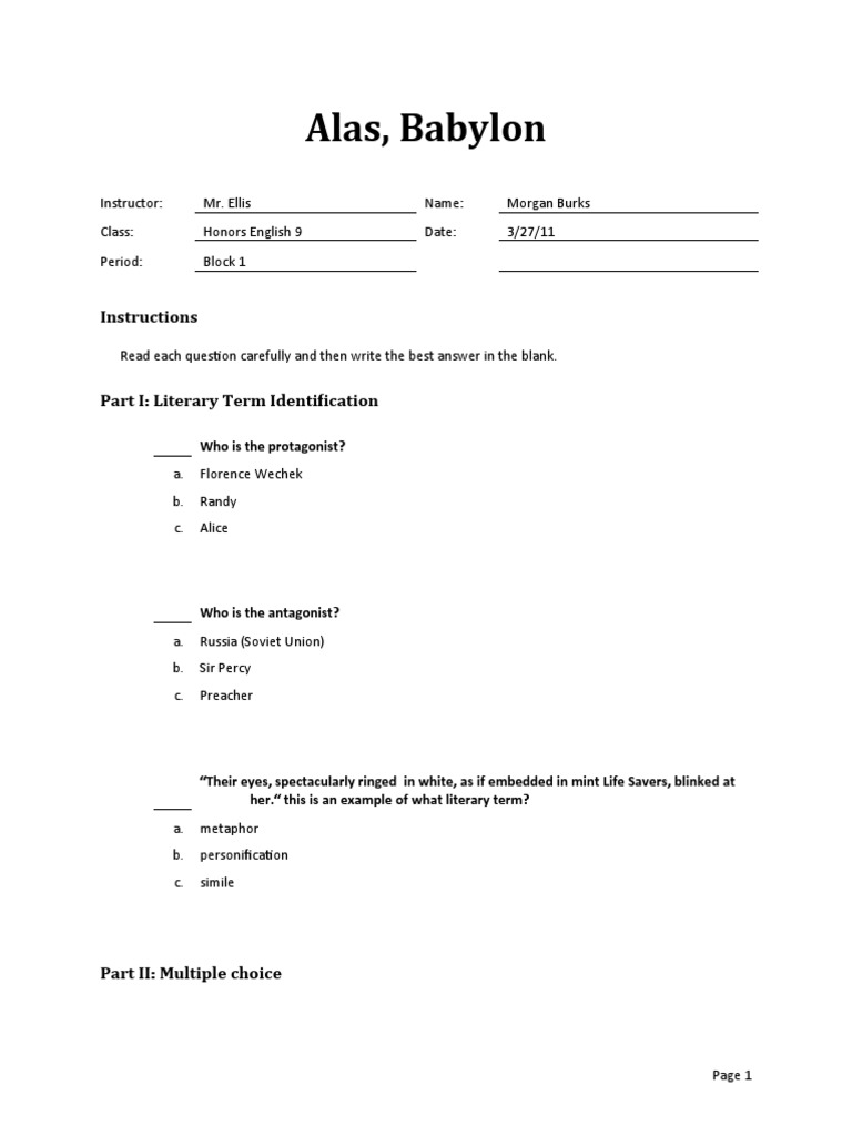 Alas, Babylon Study Guide | PDF