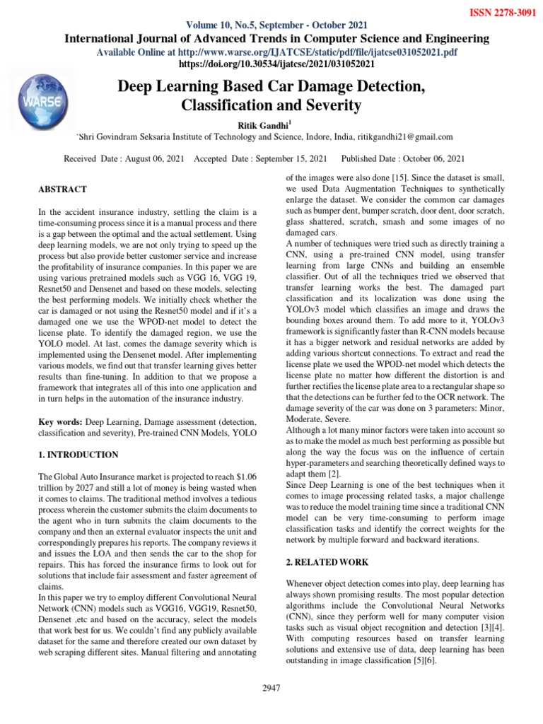 Deep Learning Based Car Damage Detection, Classification and Severity ...