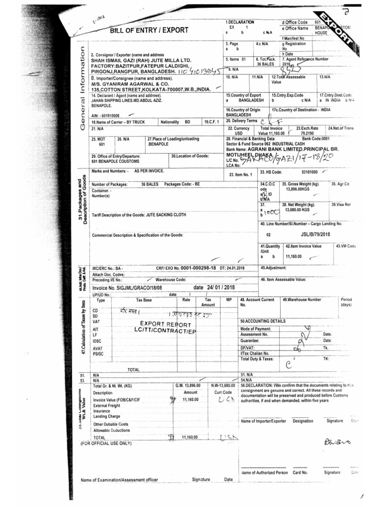 Bill of Lading for Export of Jute Goods from Bangladesh to India | PDF ...