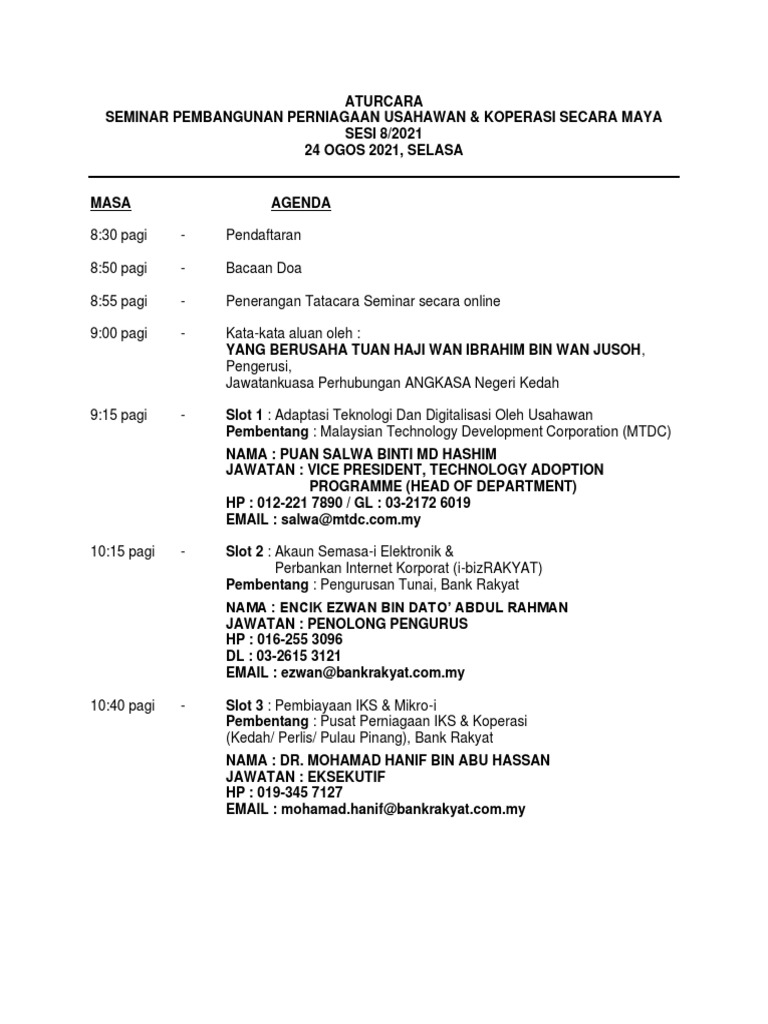 Aturcara Seminar Pembangunan Perniagaan Usahawan & Koperasi Sesi 8 2021 ...