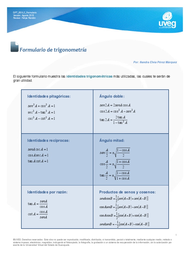 10 Formulario de Trigonometría | PDF | Funciones trigonométricas ...