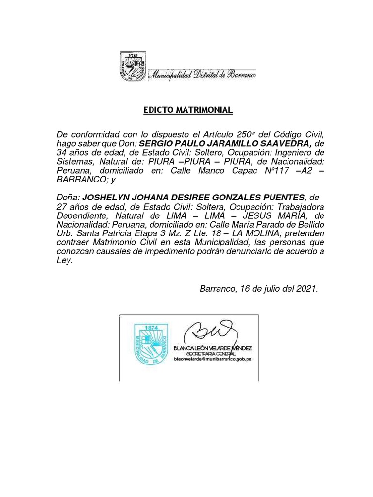 16 Jul Edicto Matrimonial de Sergio Jaramillo - Johana Gonzales | PDF