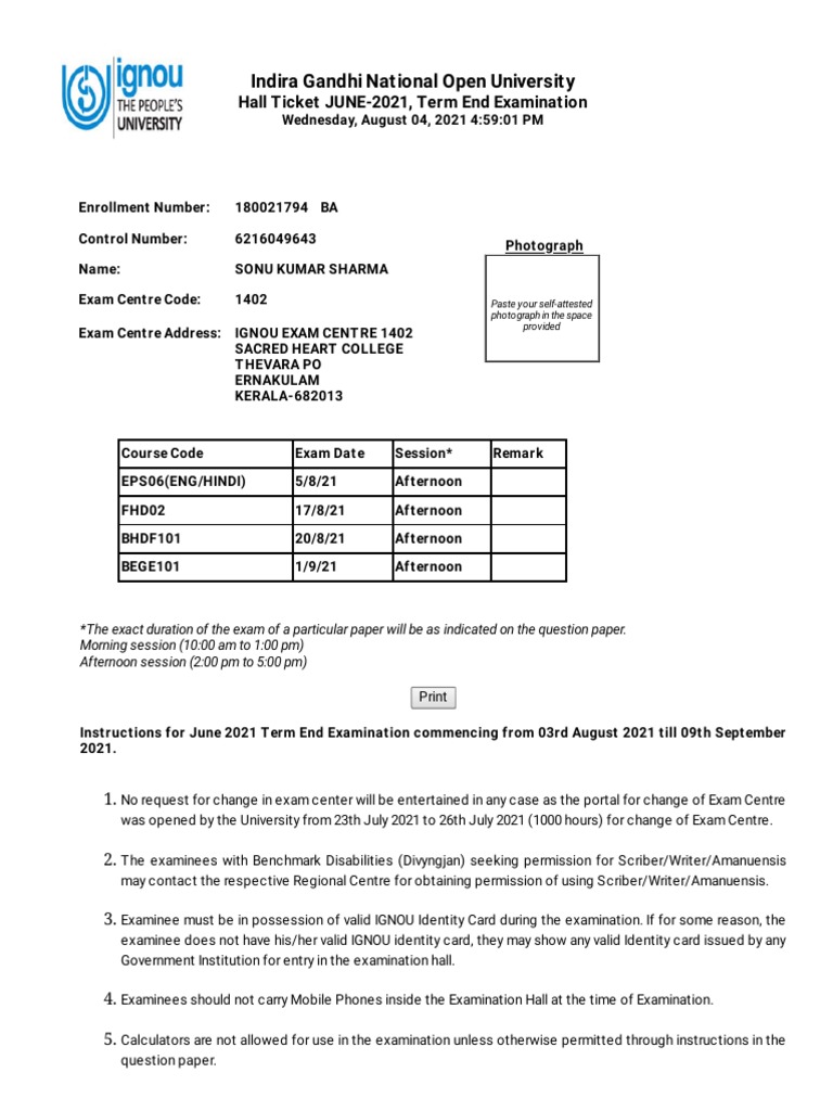 IGNOU June 2021 Exam Hall Ticket | PDF