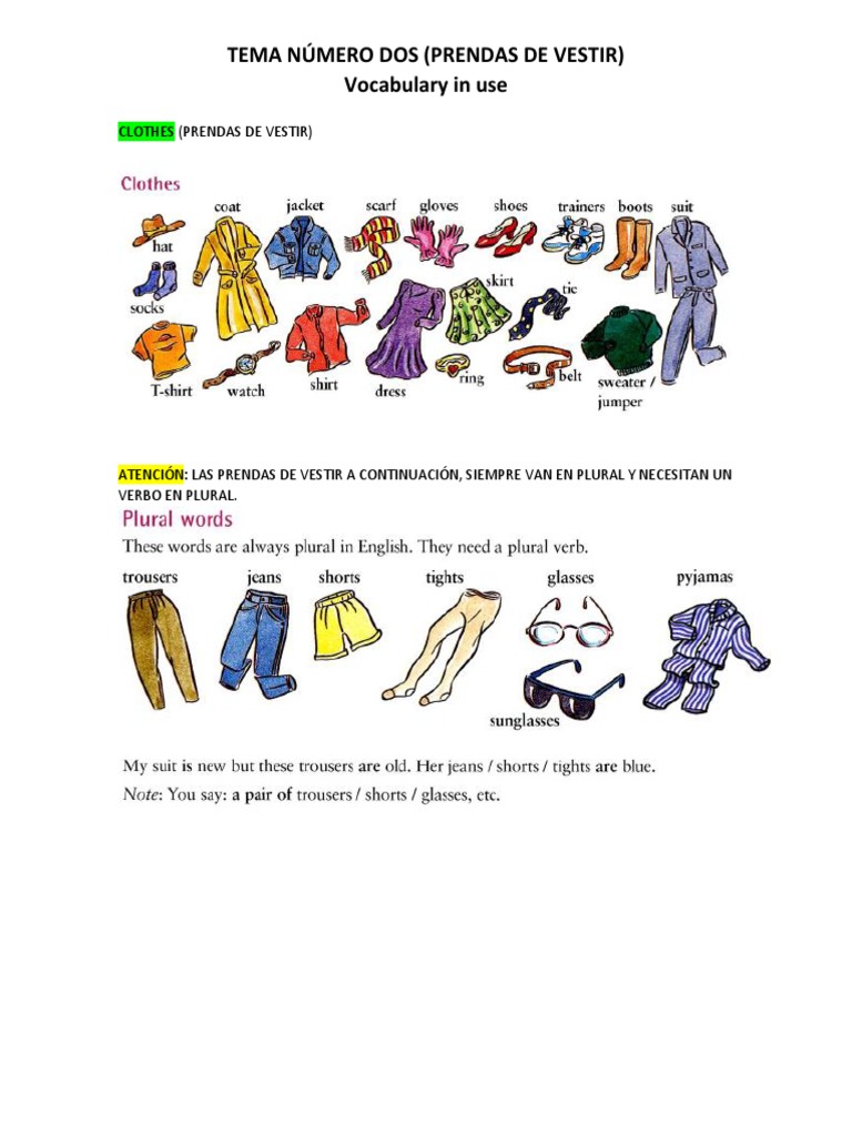 Tema Número Dos - Clothes - Prendas de Vestir - Vocabulary | PDF