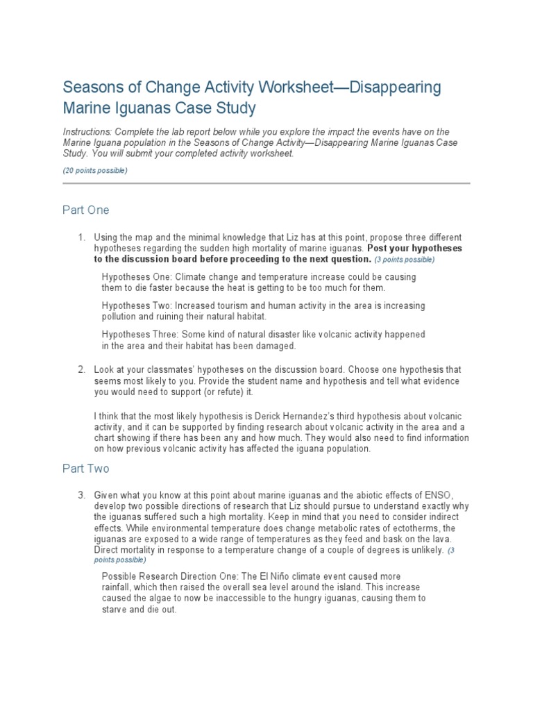 Seasons of Change Activity Worksheet-Disappearing Marine Iguanas Case ...
