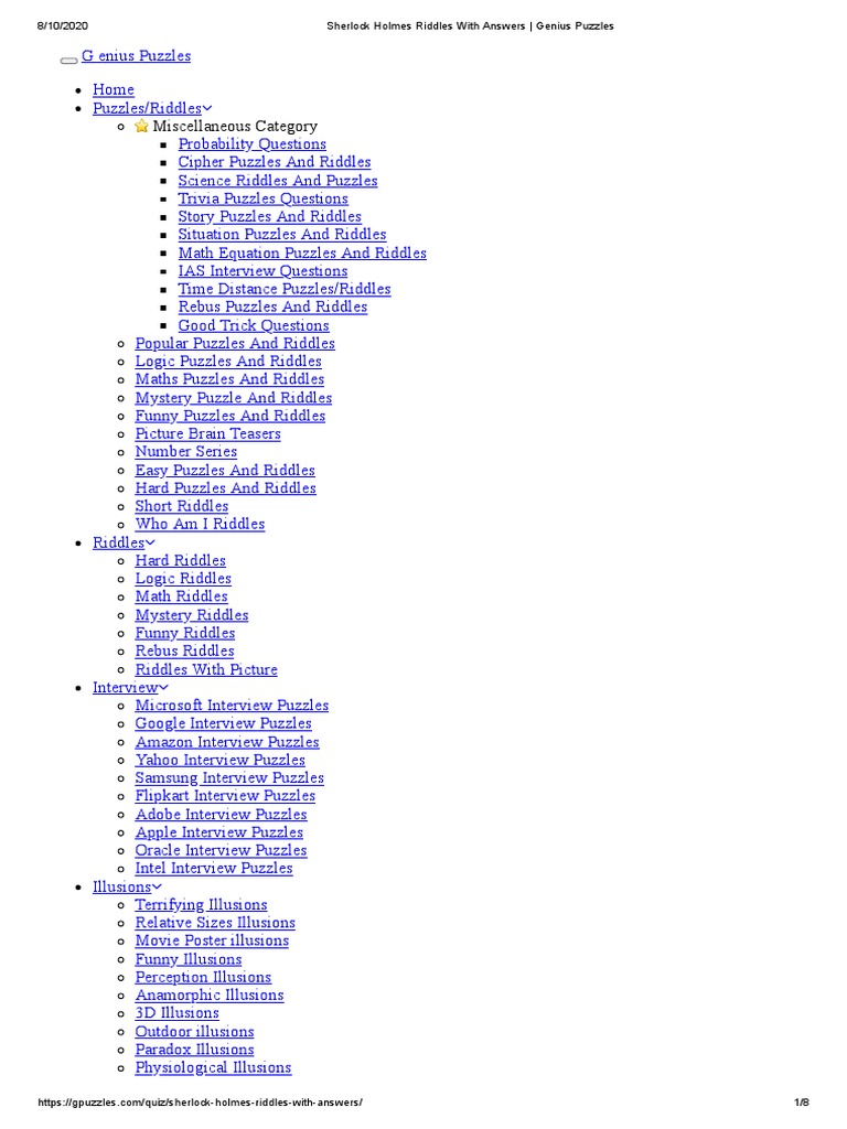 Sherlock Holmes Riddles With Answers - Genius Puzzles | PDF | Sherlock ...