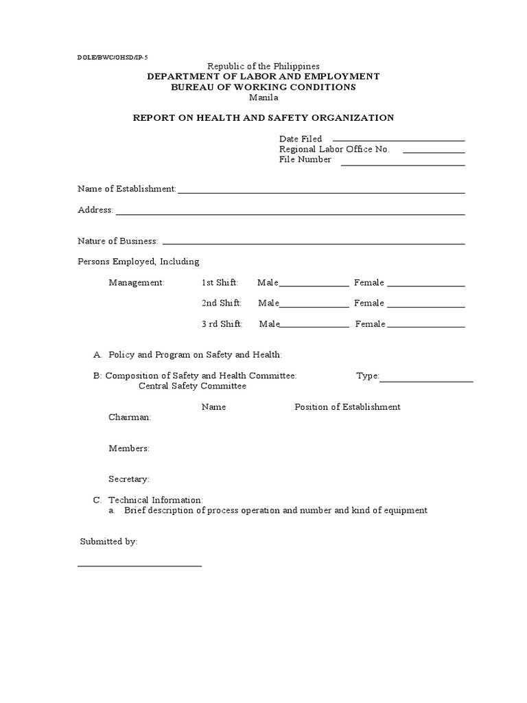 Report On Health and Safety Organization Form (DOLE - BWC - OHSD - IP-5 ...