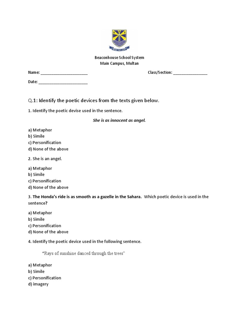Poetic Device (Identification) Worksheet | PDF