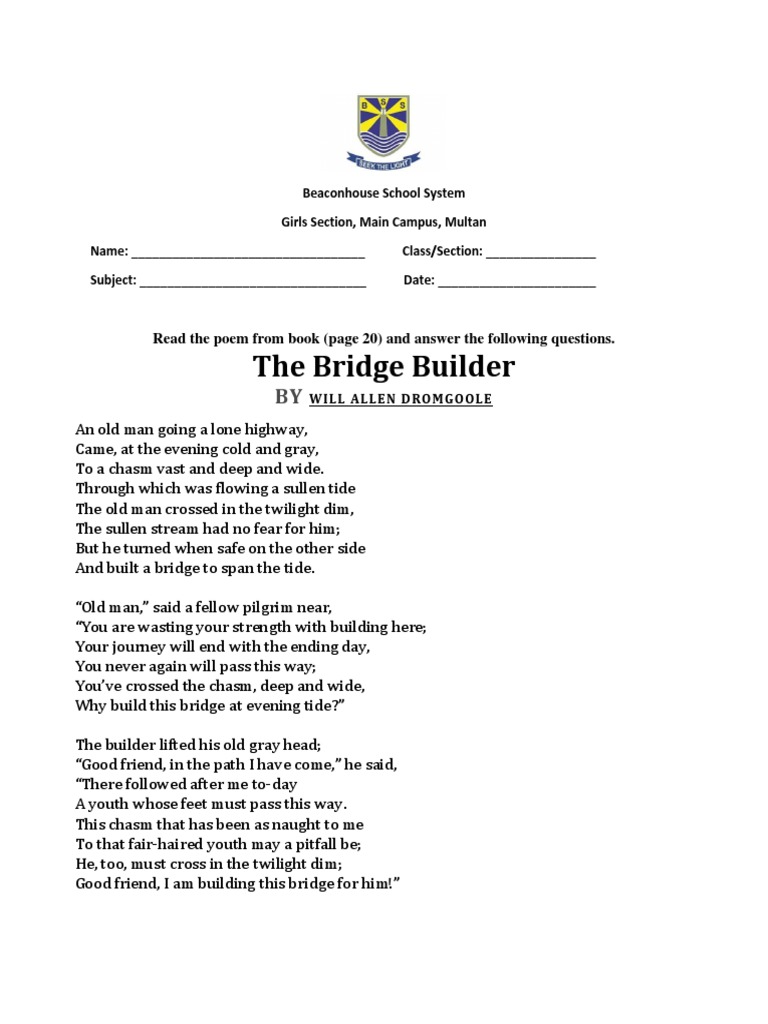 Bridge Poem & Worksheet (Class VII) | PDF