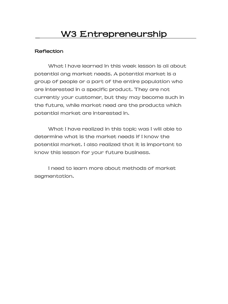 W3 Reflection Entrepreneurship | PDF | Business | Social Science