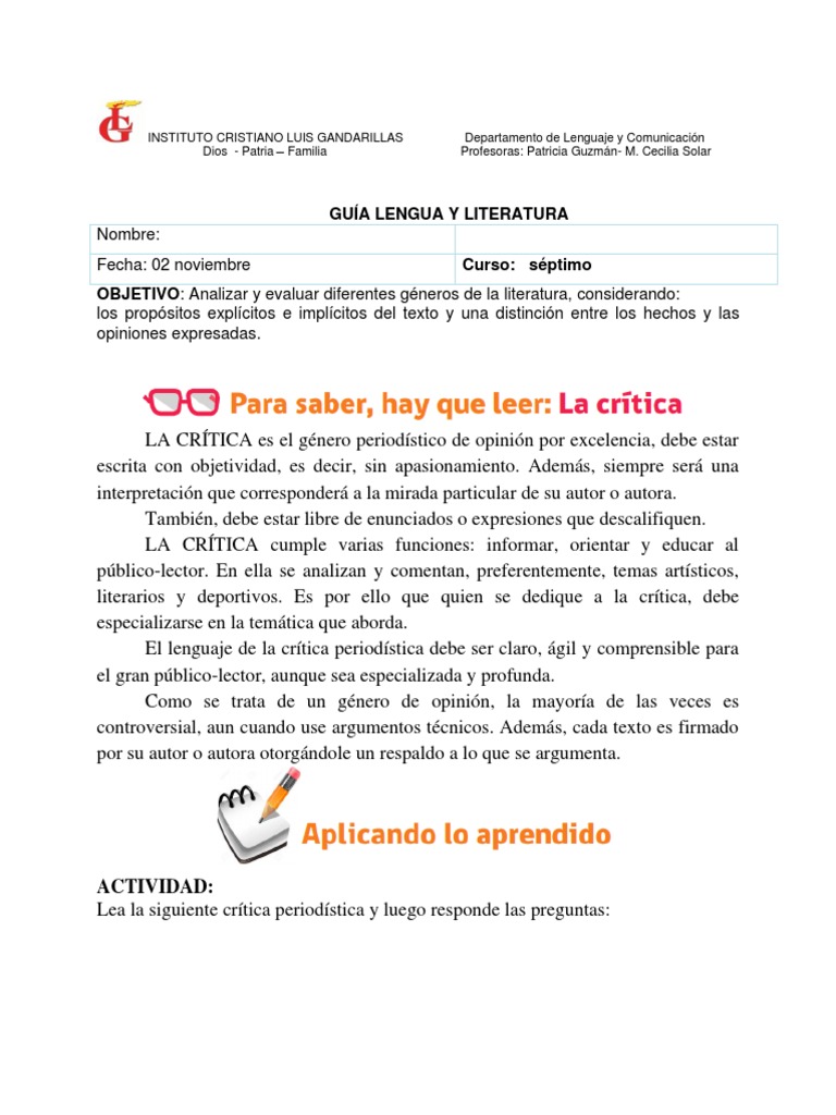 7° Básico LENGUAJE - Unidad N°5, Guía 22, Crítica Periodística | PDF