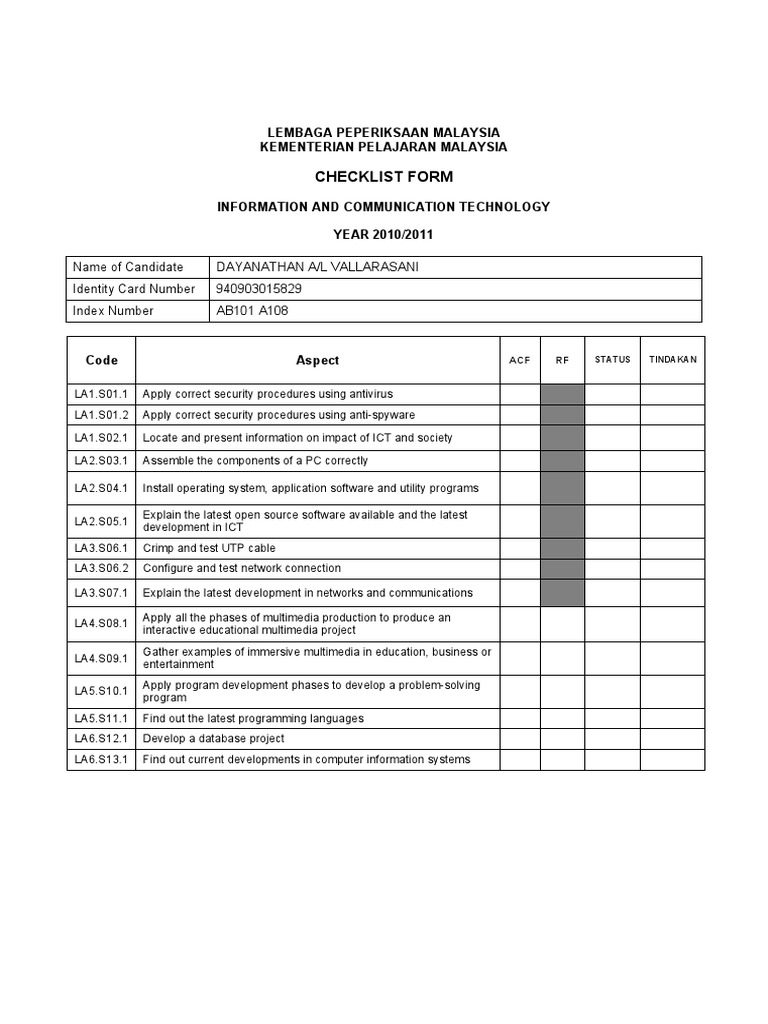 ICT Checklist Form 2010/2011 | PDF