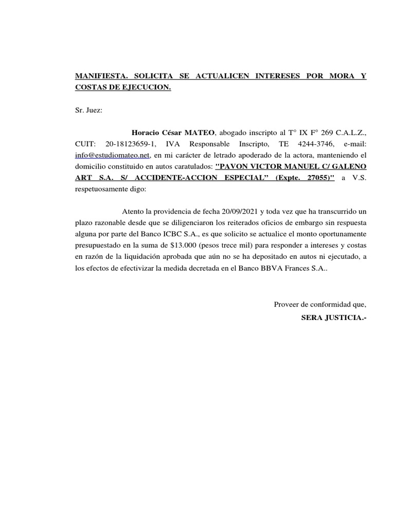 Manifiesta. Solicita Se Actualicen Intereses Pavon Victor | PDF