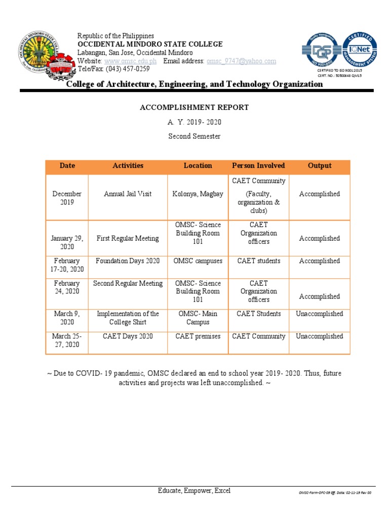 Narrative & Accomplishment Report | PDF