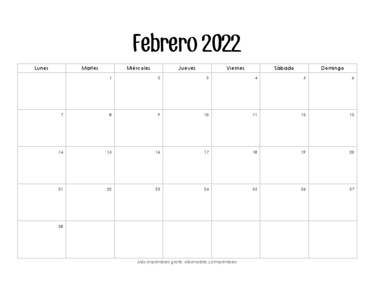 Calendario de febrero 2022 imprimible | PDF