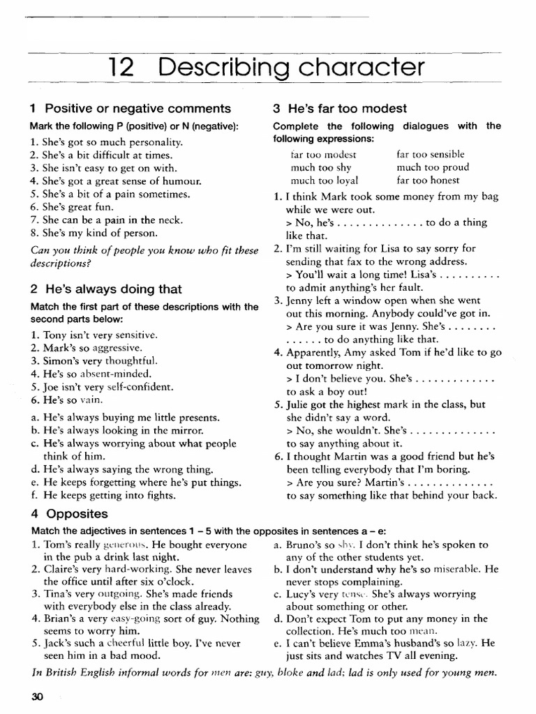 Extra Vocabulary 3 Describing Character | PDF