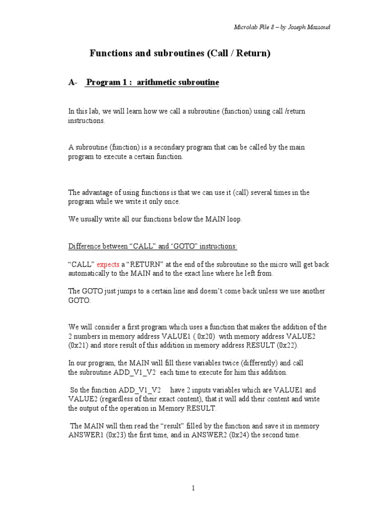 Functions And Subroutines Call Return A Program 1 Arithmetic Subroutine Pdf